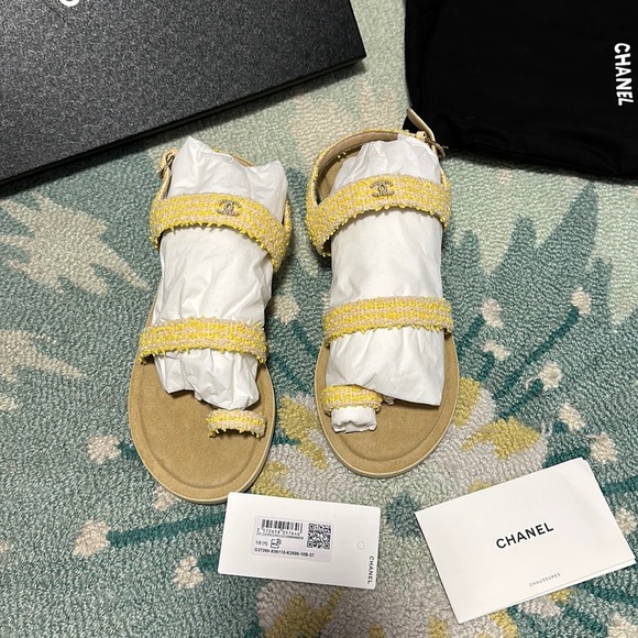 CHANEL | Shoes | Chanel Tweed Cc Sandals 37 Yellow Light Pink | Poshmark